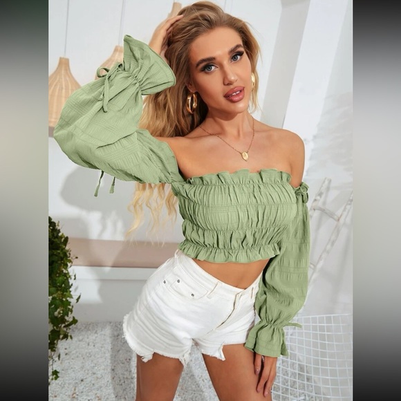 SHEIN | Tops | Ruched Bust Off The Shoulder Rop Topsage Green L8 | Poshmark